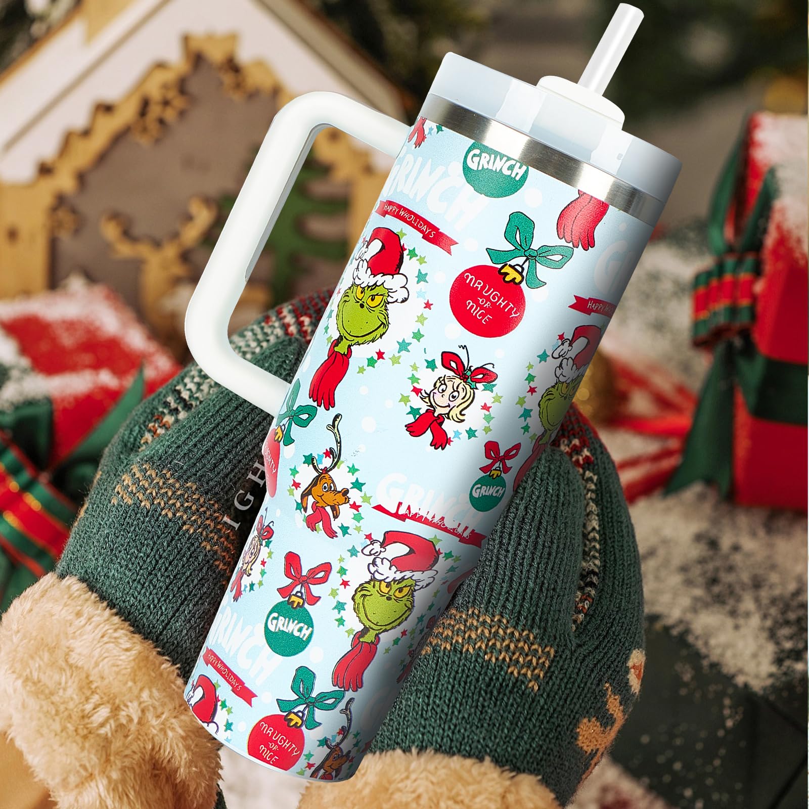Funny Chrismas Stainless Steel Xmas Tumbler with Handle and Straw, Fits in Standard Cup Holder, 40 Ounces