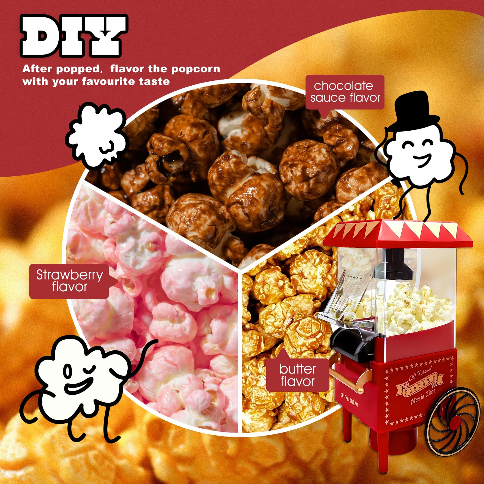 GVAKMM Popcorn Machine, Hot Air Popcorn Maker, Portable Home Popcorn Popper Machine, 10-Cup,Oil-Free,Retro Style,Compact and Cute
