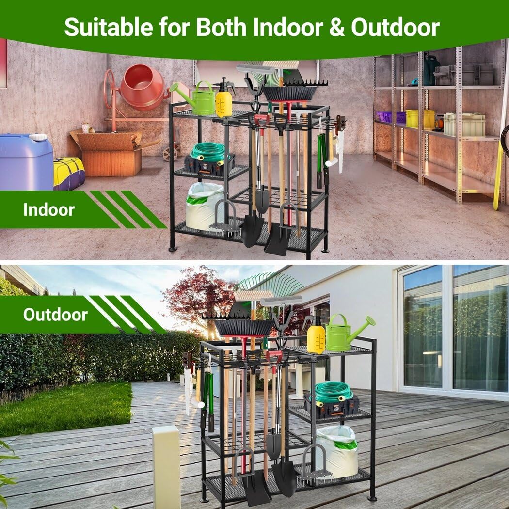 Joyoolife Garden Tool Organizer, 3 Tier Yard Tool Rack with Large Tool Slots & Small Tool Hooks, Large Capacity Tool Shelf, Heavy Duty Metal Tower Rack for Garden Lawn Garage Shed