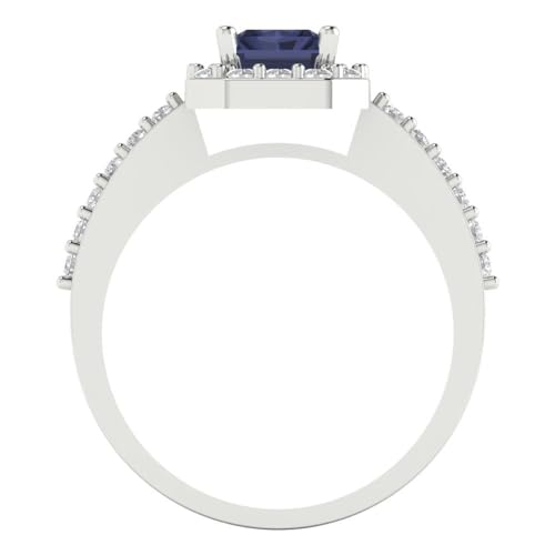 Clara Pucci 2.07 ct Emerald Cut Solitaire Halo Simulated Blue Sapphire Engagement Promise Anniversary Bridal Ring 18K White Gold 4.75