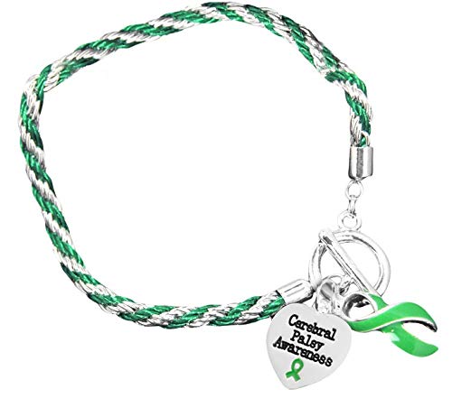 Cerebral Palsy Awareness Charm Bracelet with Accent String - Green Ribbon Bracelets for Cerebral Palsy Awareness