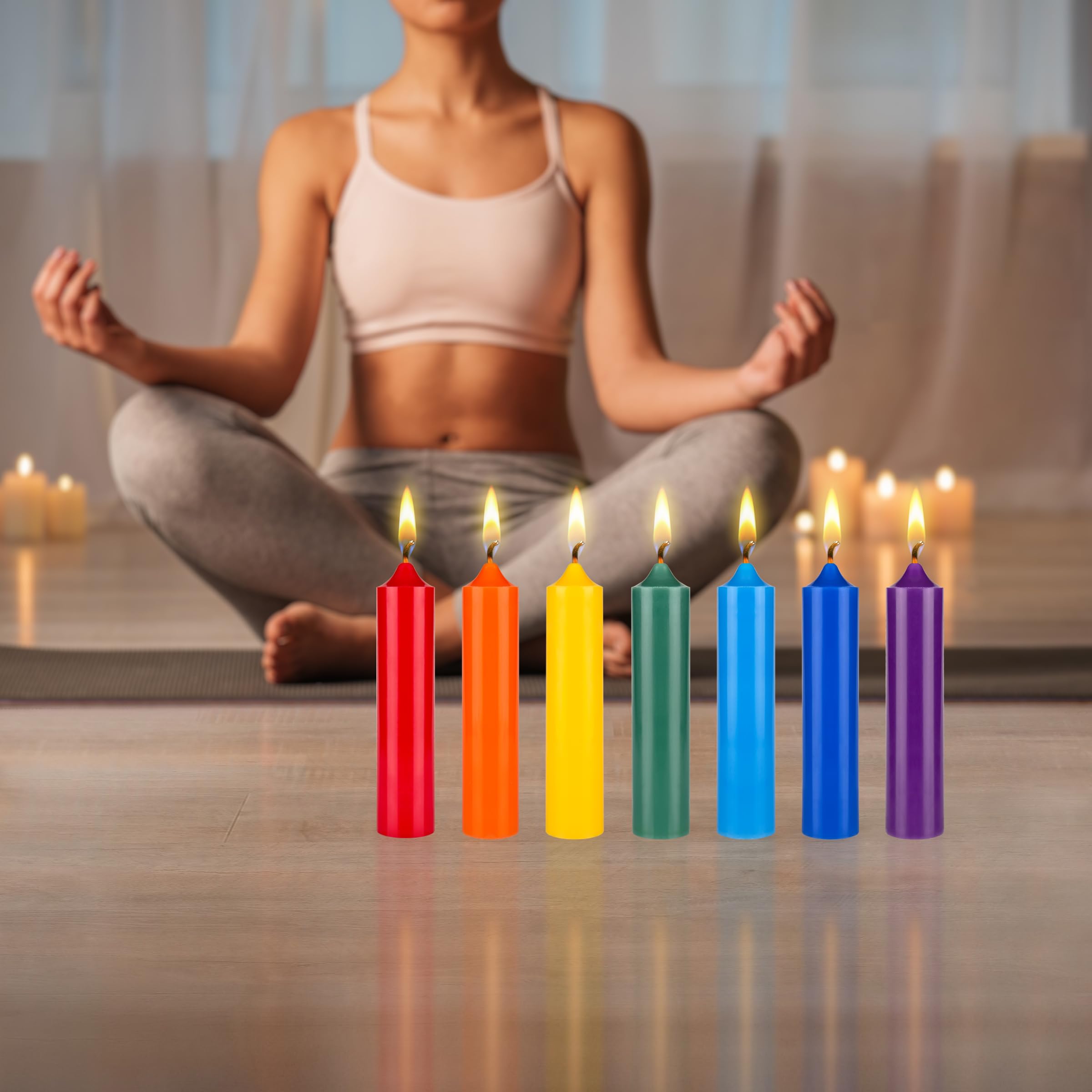 Mega Candles 7 pcs Unscented Chakra Bell Top Pillar Candle, Hand Poured Premium Wax Candles 1.5 Inch x 6.75 Inch, Cotton Wick, Promotes Positive Energy, Aids Meditation & Relaxation