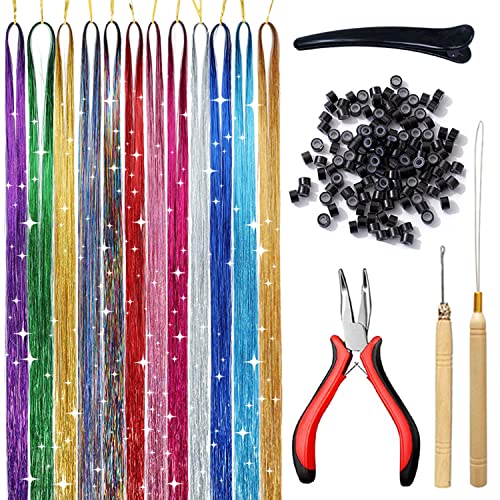 Hair Tinsel Kit with Tools 12 Colors 2400 Strands Hair Tinsel Heat Resistant Tinsel Hair Extensions Sparkling Colorful Fairy Hair Shiny Glitter Hair Extensions for Women Girl Kids 47Inch