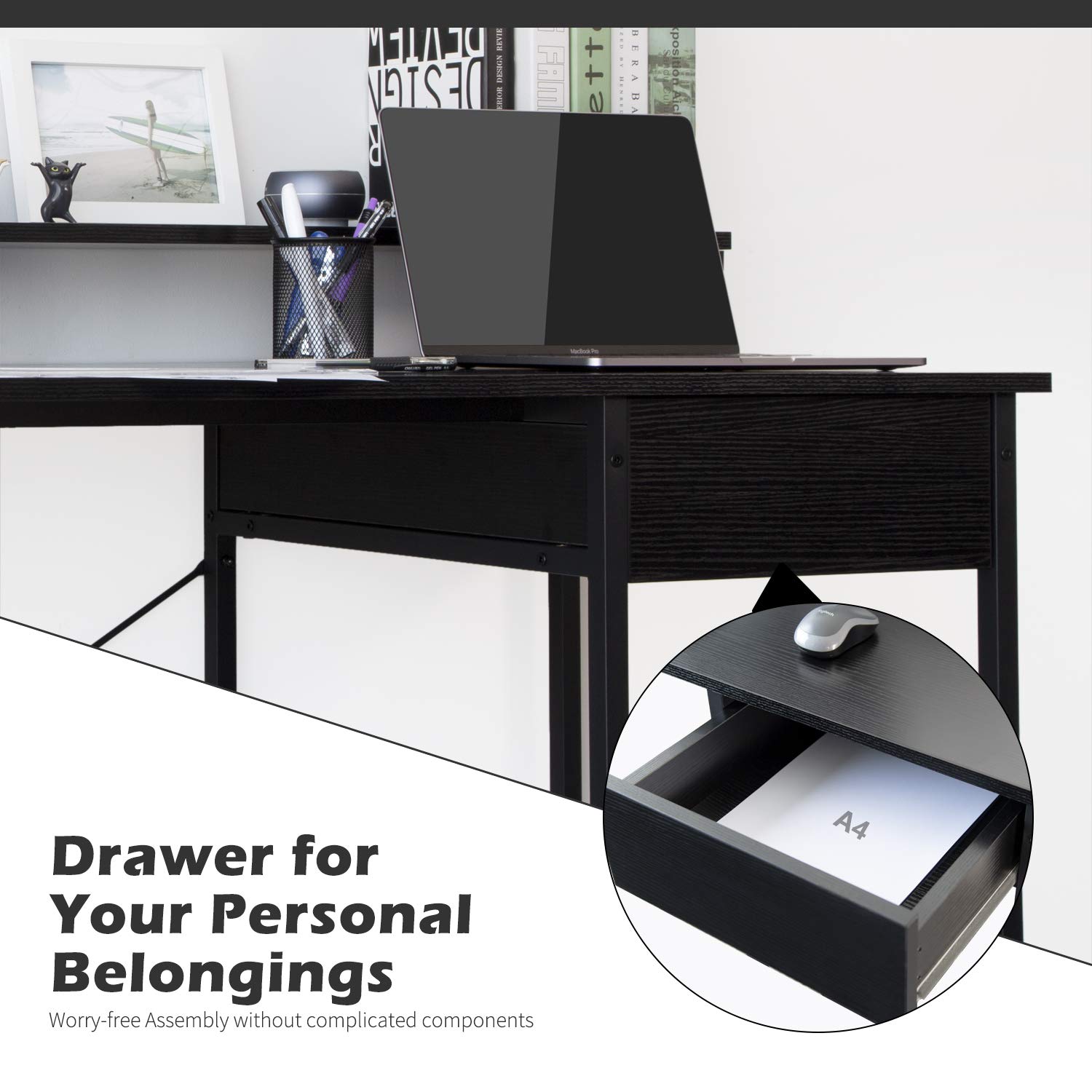 OUTFINE Desk Computer Desk Office Desk with Wodden Drawer, Monitor Stand and Storage Shelves