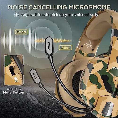 YINSAN Gaming Headset for Xbox One, PS4 Headset with Mic, Stereo Surround Sound, Noise Cancelling Microphone & One-Key Mute, Cool Camo Gaming Headphones for Nintendo Switch PS5 PC