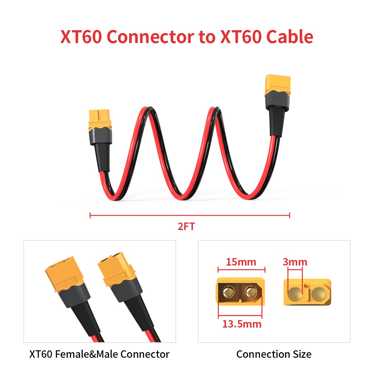 ELFCULB 12AWG 2FT XT60 Extension Cable 2 6 10 20 35 50 75 100FT XT60 Female to Male Connector for RC Battery Portable Power Station Solar Panel(2FT)
