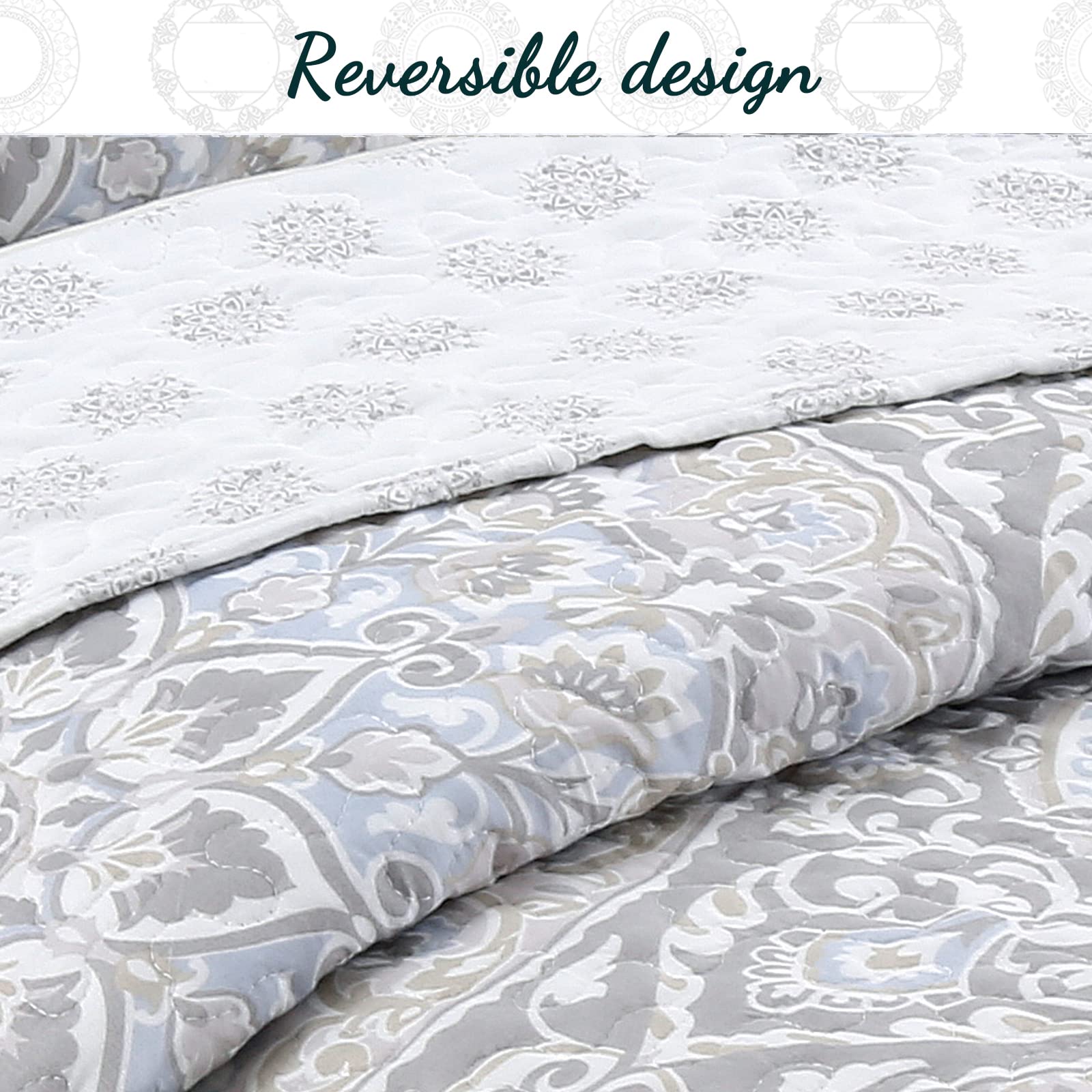 Cozy Line Home Fashions Medallion Floral Reversible Bedding Quilt Set, Lightweight Bedspread Coverlet for All Seasons (Grey Venetia, Queen - 3 Piece)