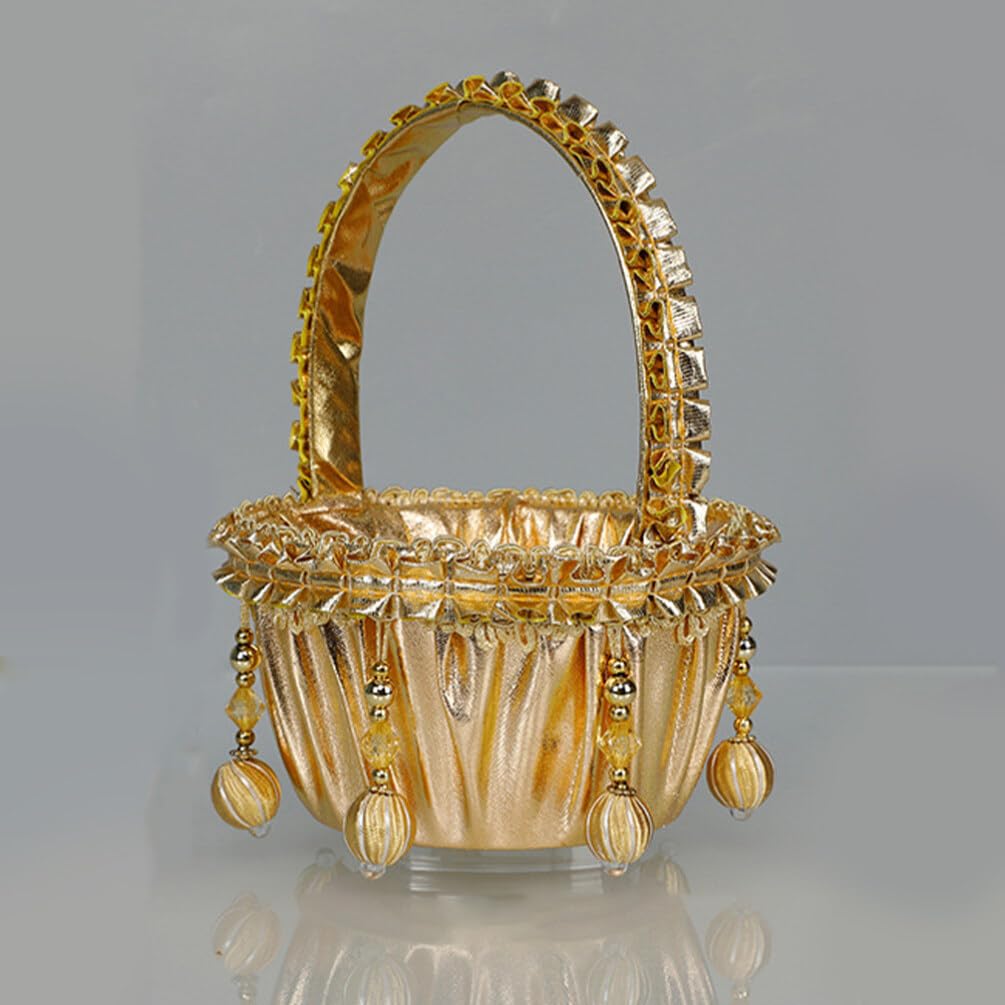 Golden Flower Girl Baskets for Wedding Flower Girl Basket Handle Baskets with Beaded Tassel Bridal Rose Petals Basket Rustic Picnic Storage Basket for Easter