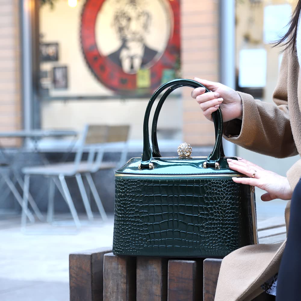 Style Strategy green patent leather purses for women Crocodile Textured Shoulder handbag with kiss lock Satchel crossbody for women