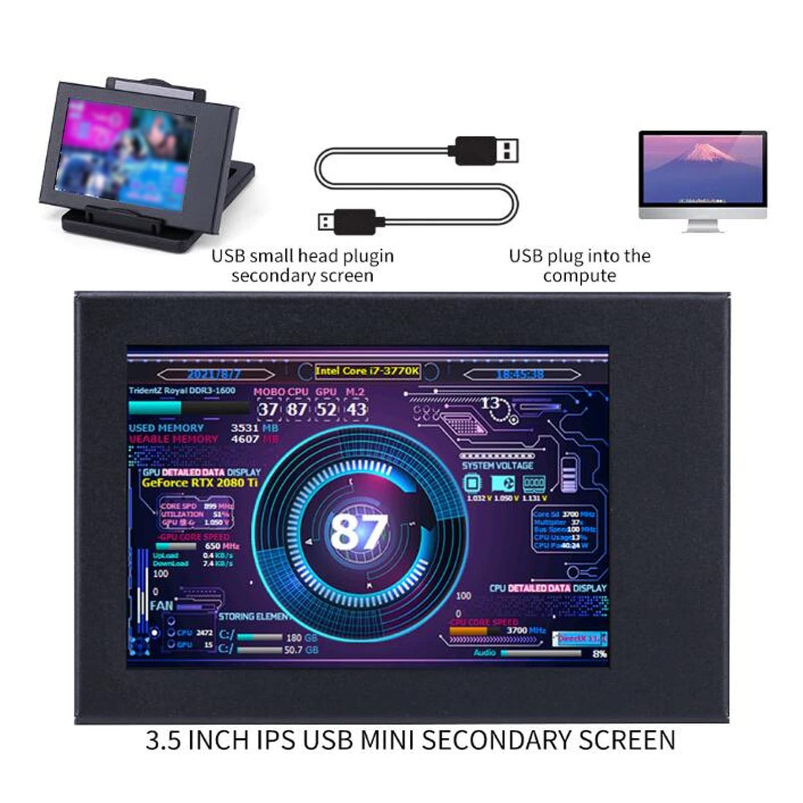 DAUERHAFT PC Temperature Display, Auto Off Theme Editor Computer Temp Monitor Customizable Layout Dimmable Rotatable IPS Screen 3.5 Inch for Desktop