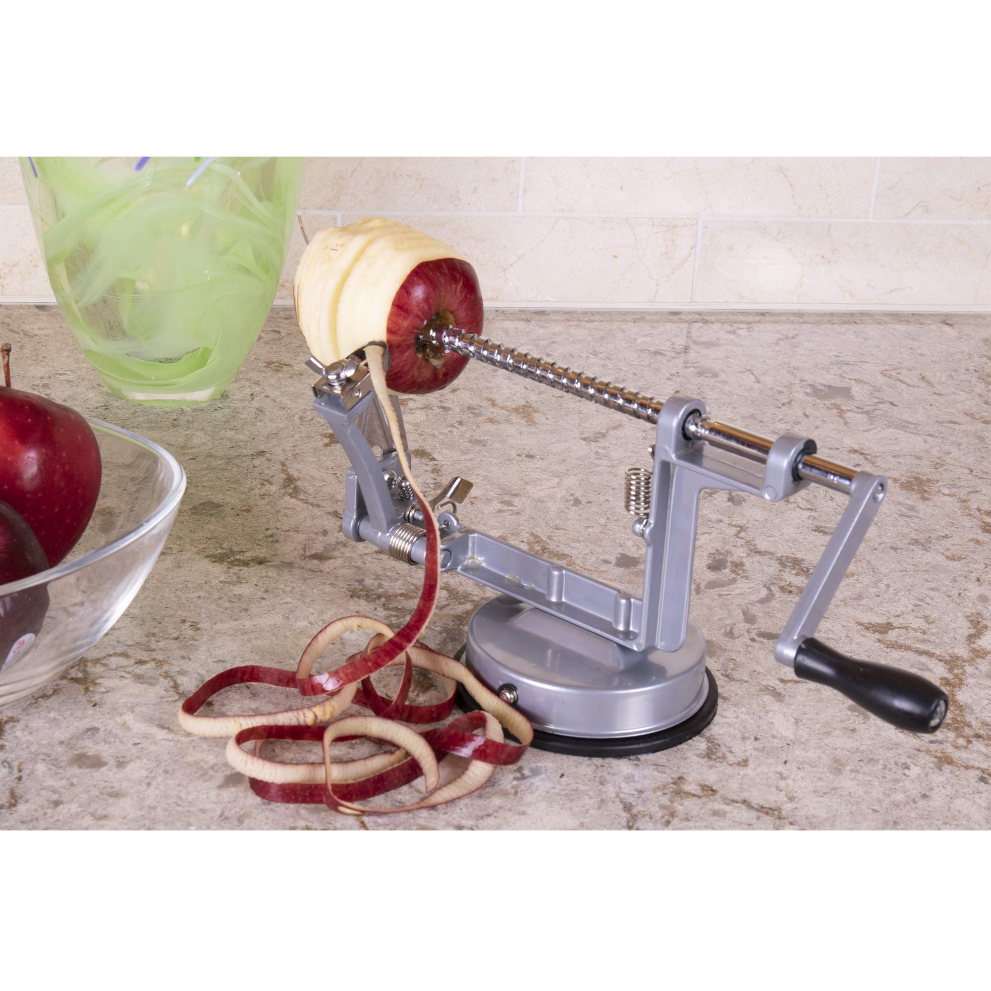 Clever Chef Professional Heavy Duty Apple Peeler with Suction Base, Premium Stainless Steel Manual Corer and Fruit and Veggie Slicer, Silver