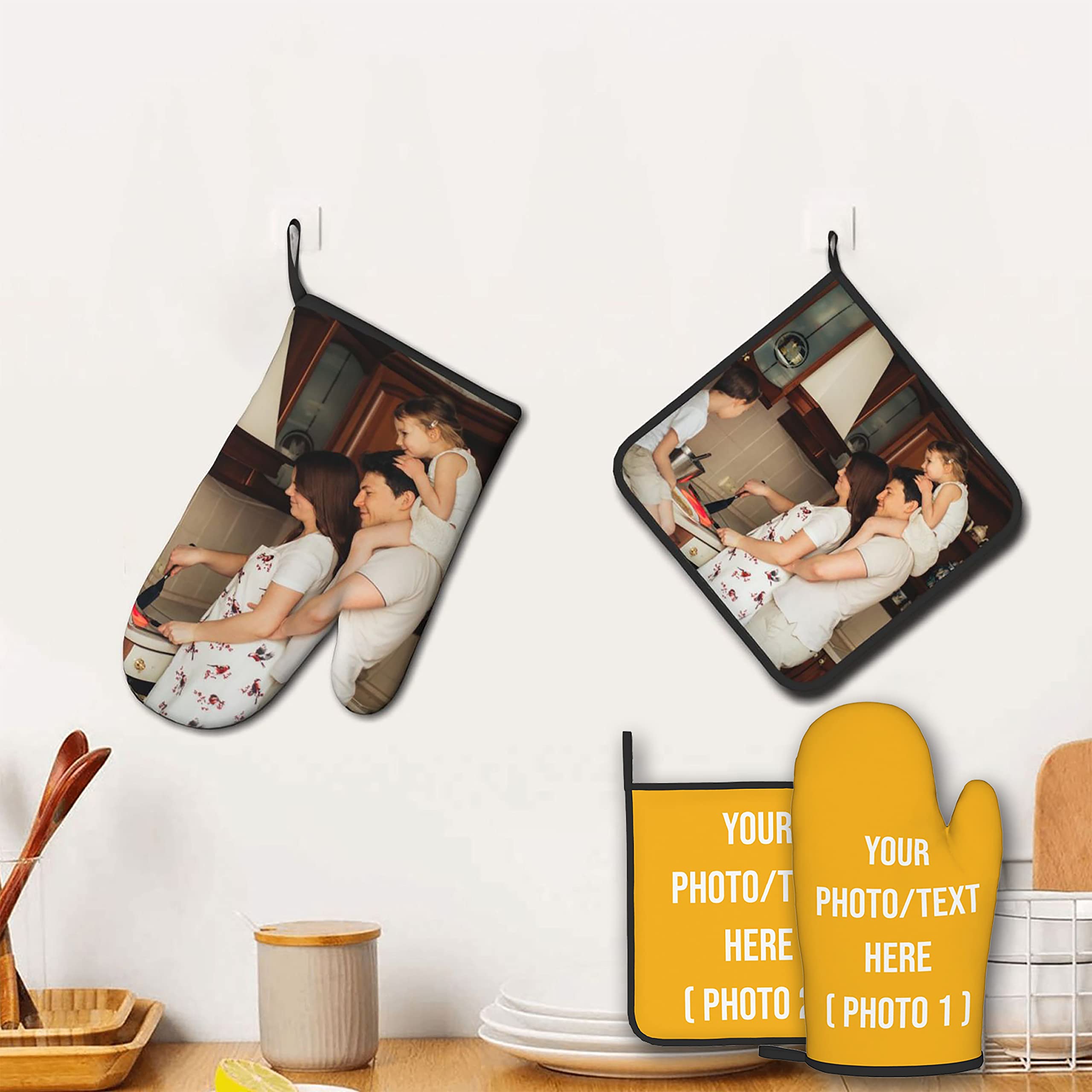 Custom Oven Mitts and Pot Holders Sets with Image Text Personalized Heat Resistance Cooking Gloves & Pot Cover Kitchen Gifts for Men Women Cooking Baking BBQ Grilling