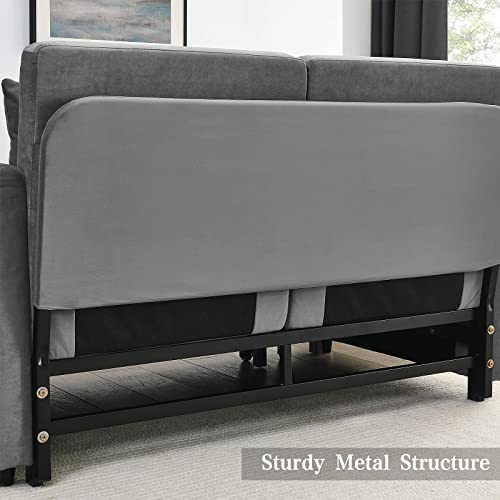 KIVENJAJA Convertible Sleeper Sofa Bed, Modern Velvet Loveseat Couch with Pull Out Bed, Small Love Seat Futon Sofa Bed with Headboard, 2 Pillows & Side Pockets for Living Room, 54β (Grey)