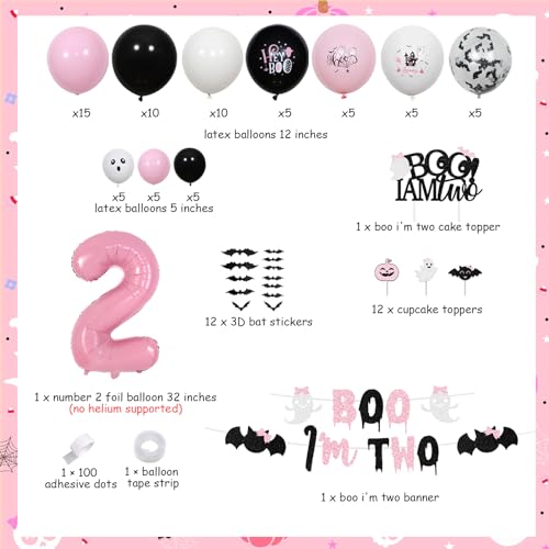 Halloween 2nd Birthday Decorations Girl, Boo I’m Two Banner & Cake Topper, Black Pink White Balloon Garland Arch Kit with 3D Bat Wall Stickers Number 2 Ghost Foil Balloons for Second Bday Party