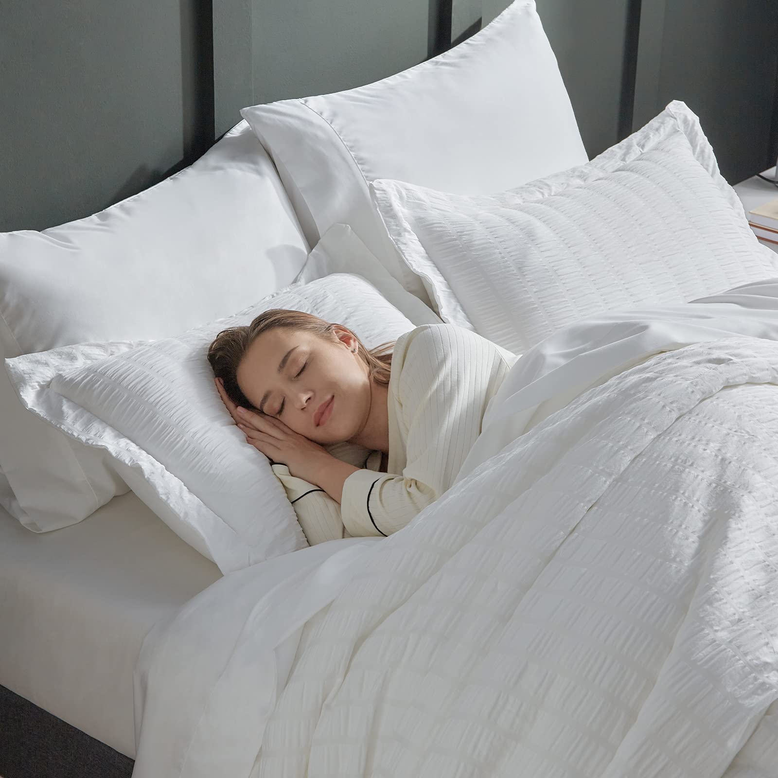 CozyLux Queen Bed in a Bag White Seersucker Comforter Set with Sheets 7-Pieces All Season Bedding Sets with Comforter, Pillow Sham, Flat Sheet, Fitted Sheet and Pillowcase