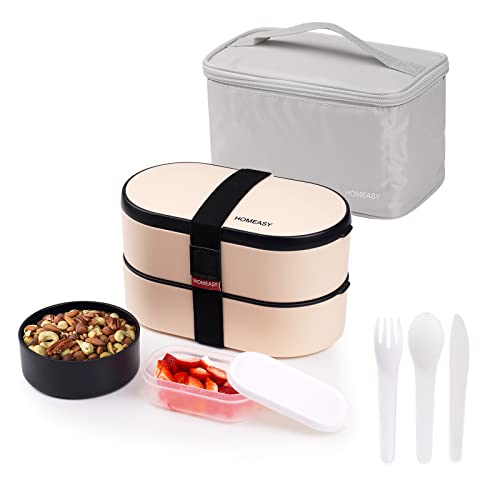 homeasy Bento Box for Adults Students, BPA Free Plastic Bento Lunch Boxes Rectangle Food Grade Lunch Containers with Cutlery Set and 2 Sauce Pot, 2-Tier Leak-Proof, 1200 ML (Beige with Bag)
