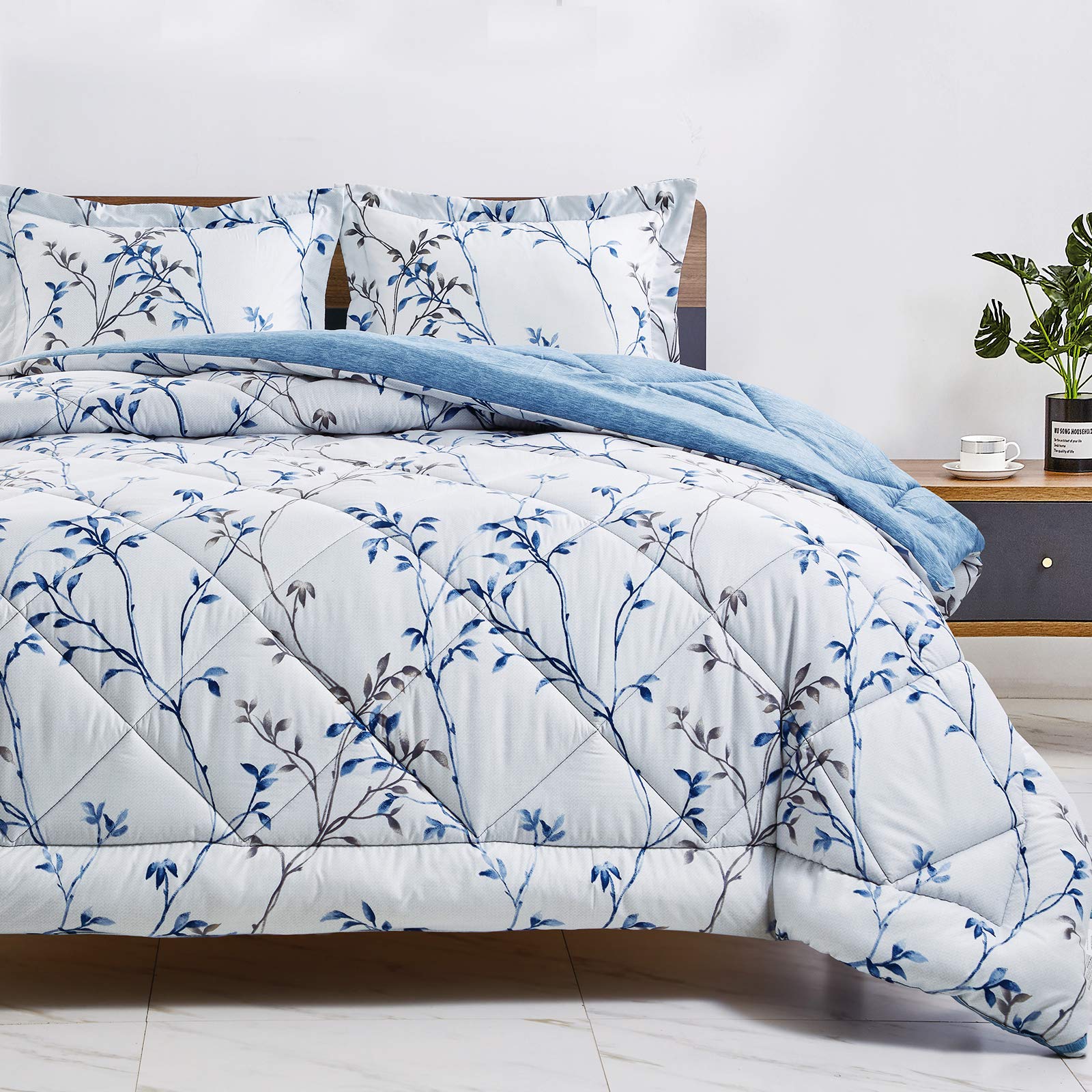 CozyLux Twin 2 Pieces Printed Comforter Set for Kids with Orchid Floral Pattern Lightweight Soft Down Alternative Duvet Insert - Fluffy Microfiber Bed Set for All Season, Blue Flower