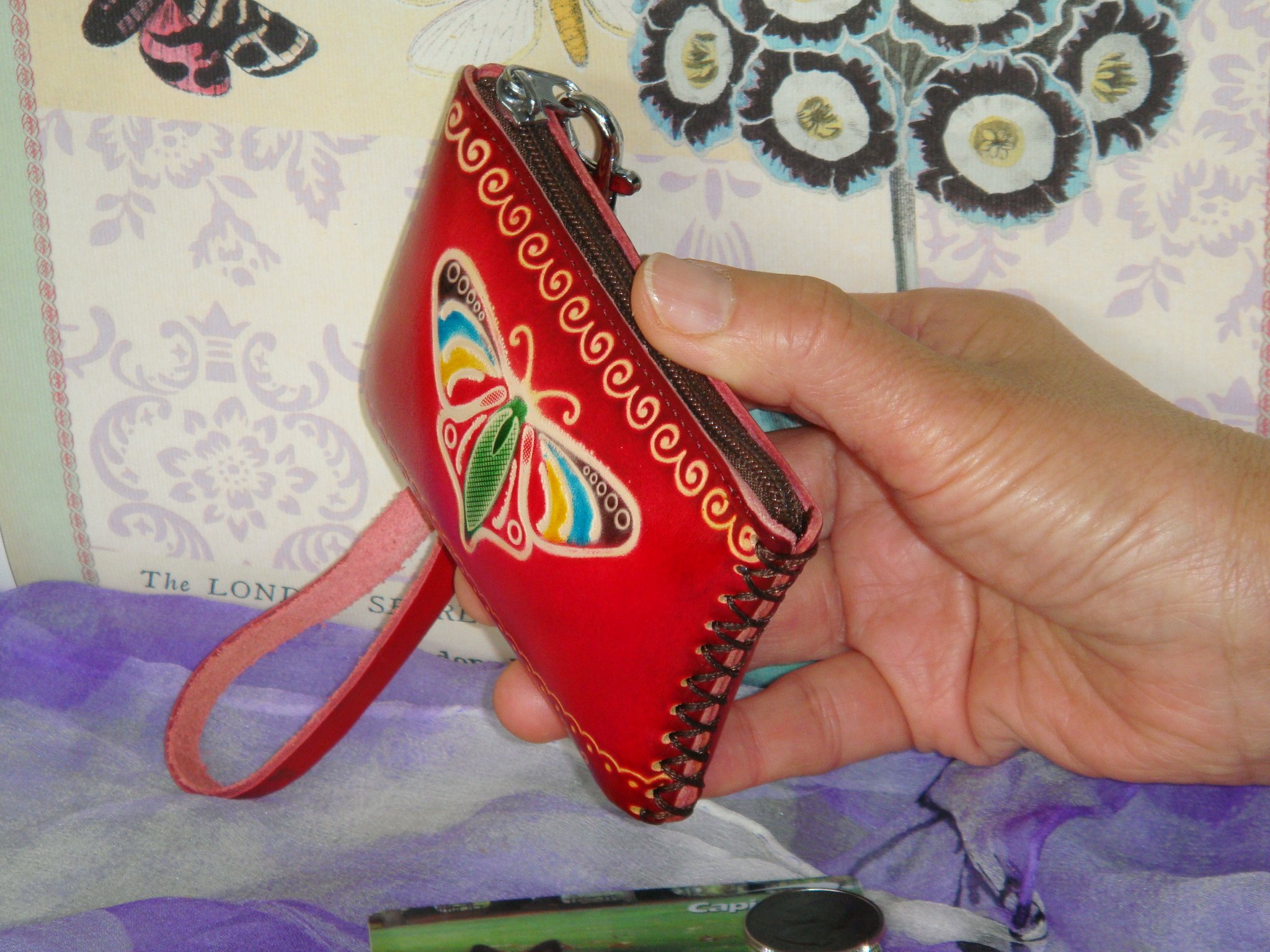 Leather Change Purse,rectangle shape,Hawaii Flower and butterfly Embossed, Handmade wallet,Wristlet and Zipper