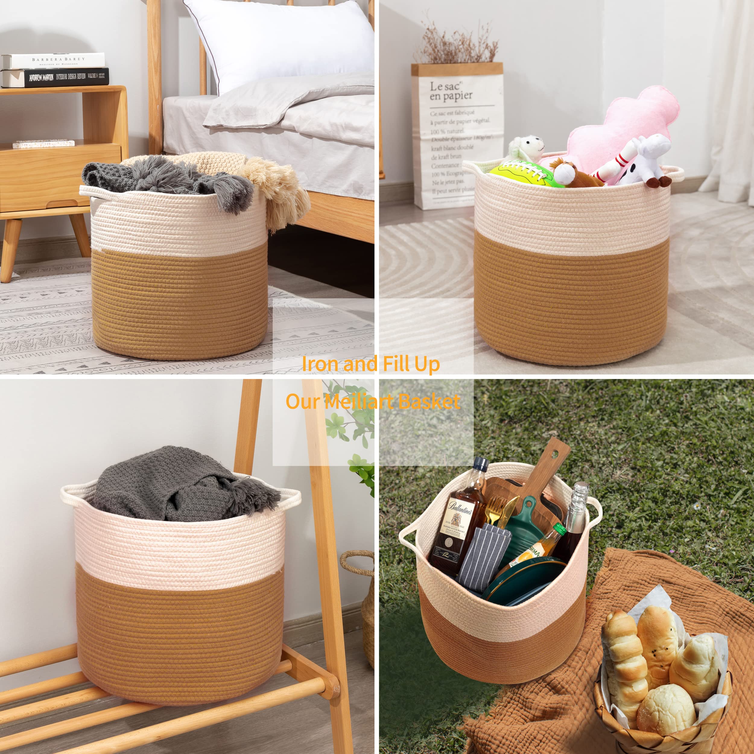 Meiliart Cotton Rope Storage Basket, Weaving Basket Thick Soft Clothing Toy Blanket Pillow Placement Storage 14.96 x 13.78 inches, Woven Storage Baskets for Blanket, Nursery, Living Room,Baby