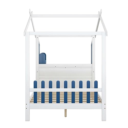 Heliosphere Full Size Platform Bed Frame with Built-in Desk and 2 Drawers, Storage Bed Frame with Separate Storage Pen Case, House Shaped Platform Bed, Solid Wood Bed Frame for Kids Teens Bedroom