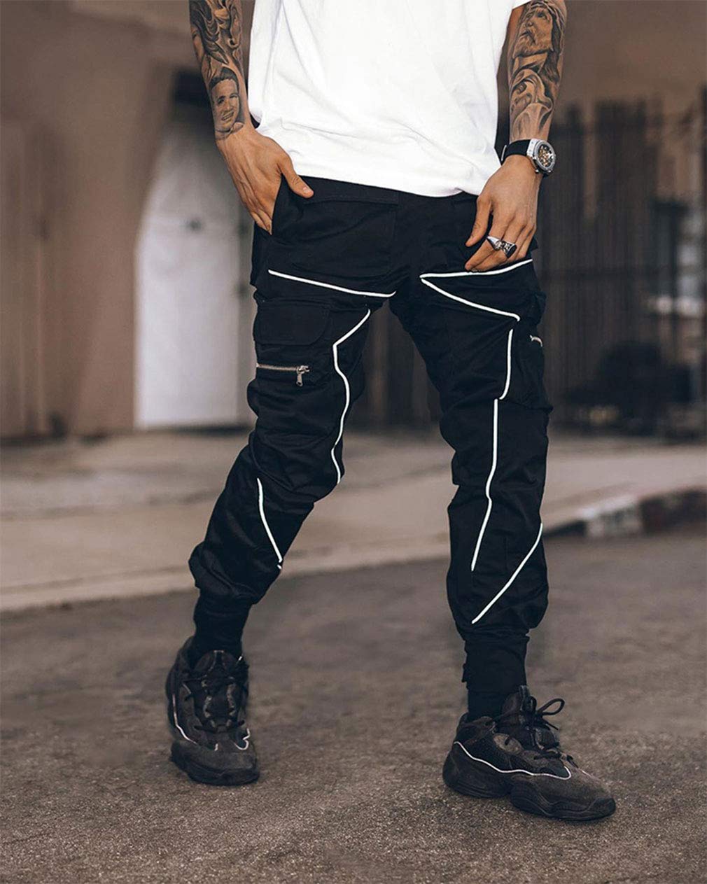 Clirewty Mens Cargo Pants Jogger Hip Hop Sweatpants with Pockets Harem Pant Black XXL