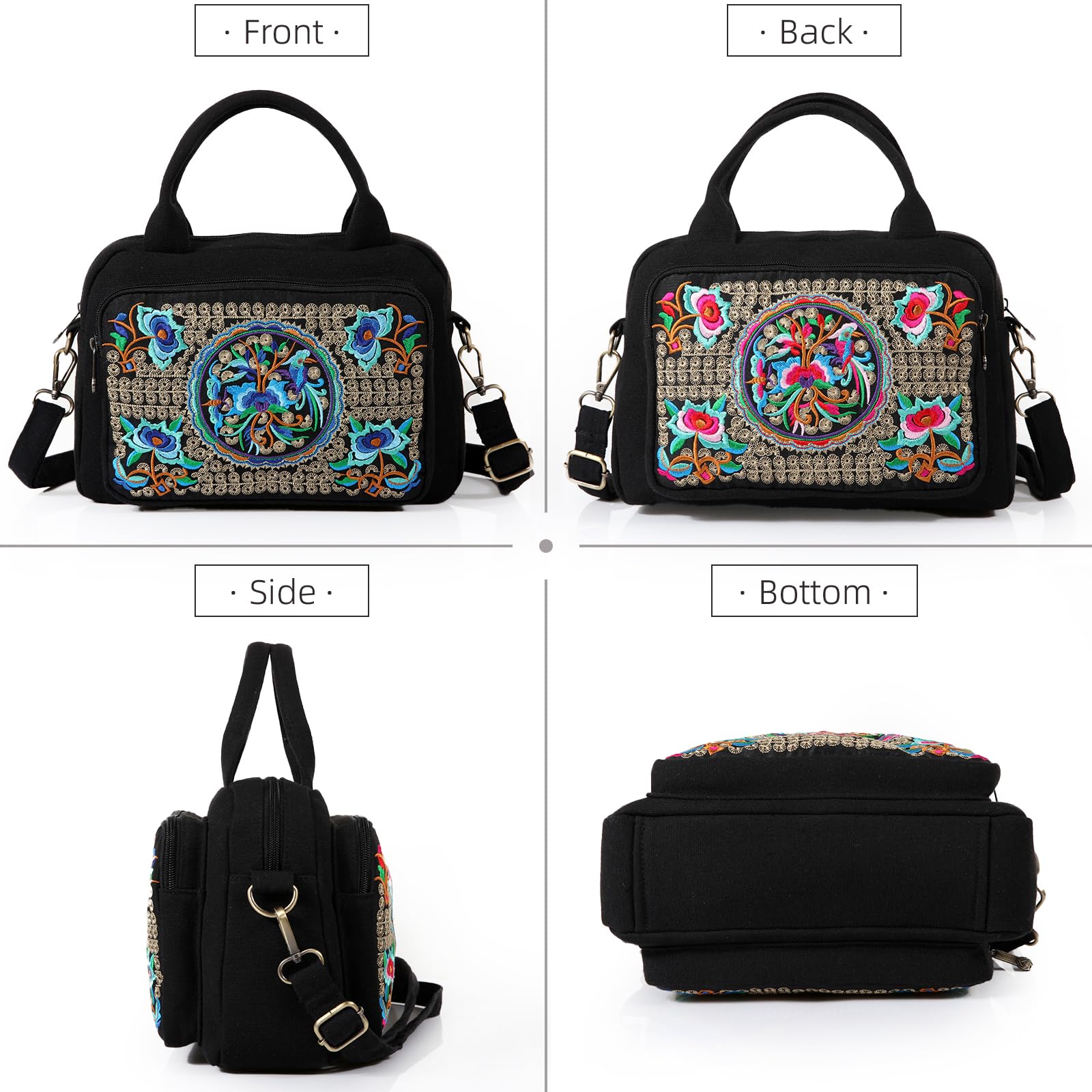 Embroidered Canvas Top Handle Handbag, 3 Layers Crossbody Bag