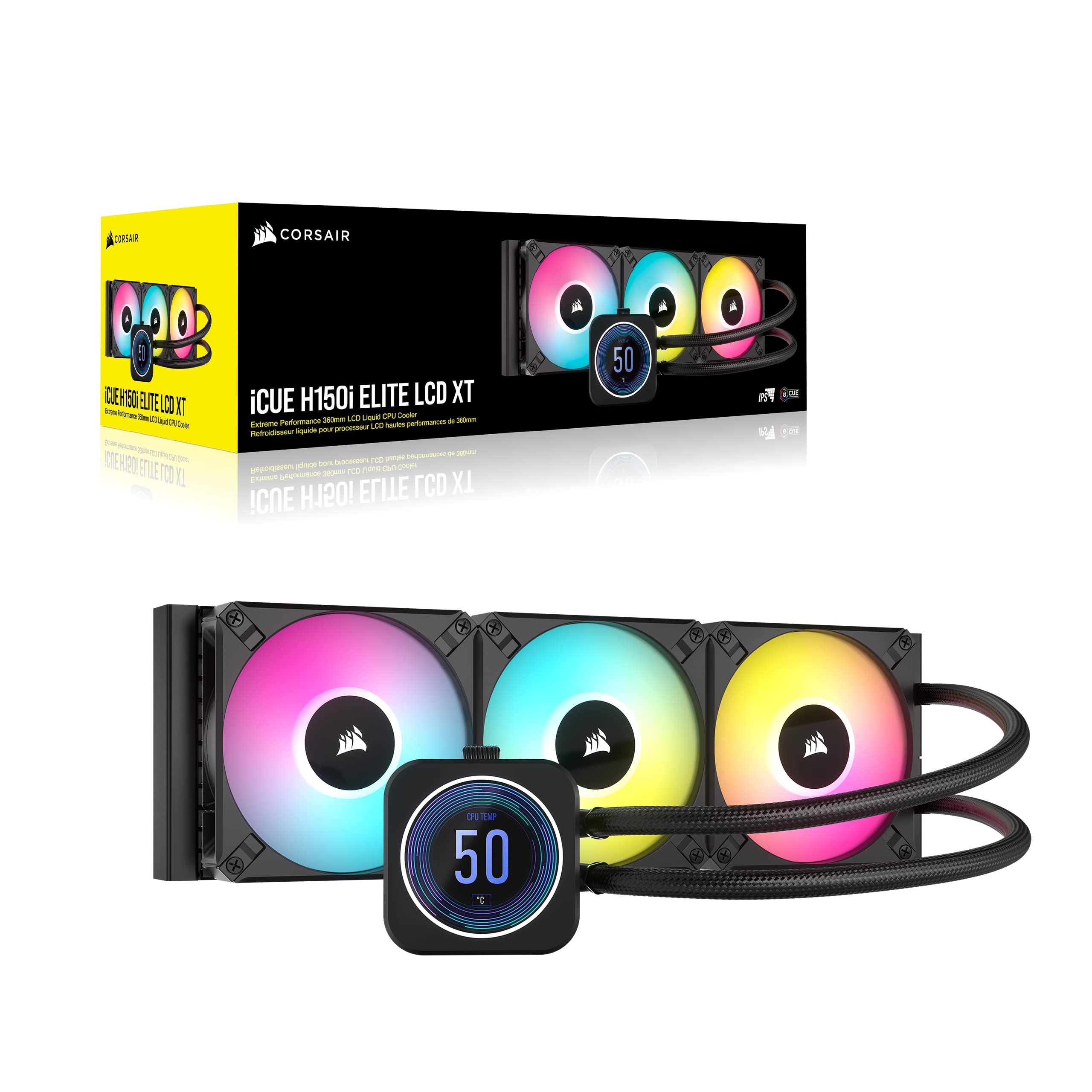Corsair iCUE H150i Elite LCD XT Liquid CPU Cooler - IPS LCD Screen - Three AF120 RGB Elite Fans - 360mm Radiator - Fits Intel® LGA 1700, AMD® AM5, and More - Included iCUE Commander CORE - Black