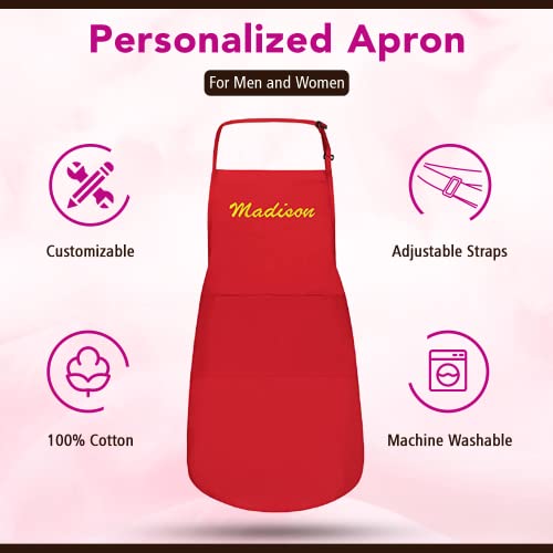 Personalized Apron with Hat for Men and Women - Custom Apron with Embroidered Name - Unisex Red Apron with Pockets for Kitchen Cooking Baking Restaurant BBQ Painting Crafting