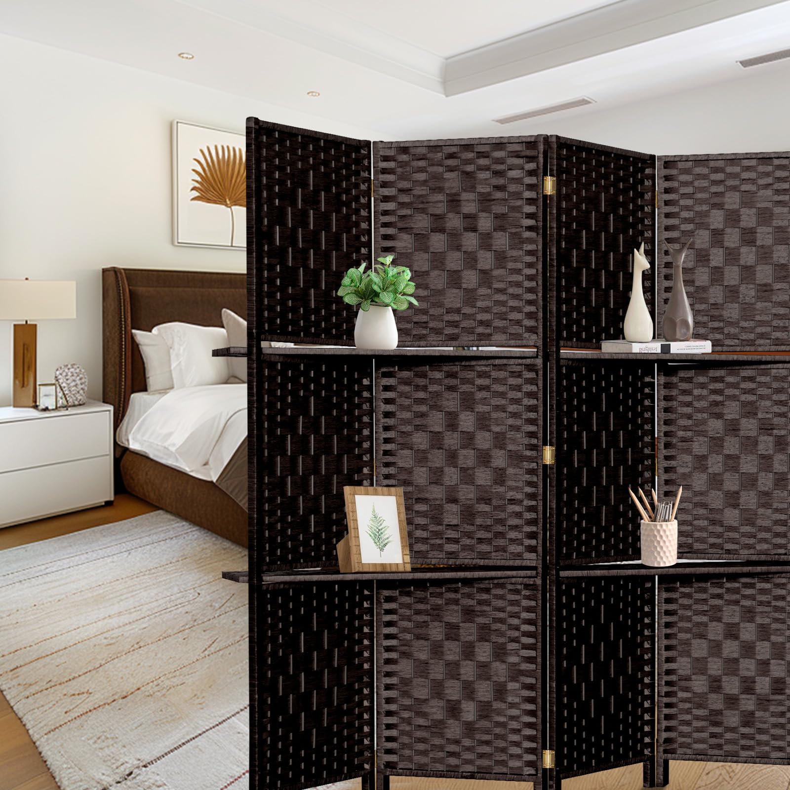 HALLYBEE Room Divider with Shelves, Room Dividers and Folding Privacy Screens, Divider for Room Separation Partition Room Dividers, 16" Folding Screen 6FT Room Divider Wall 4 Panel, Dark Mocha