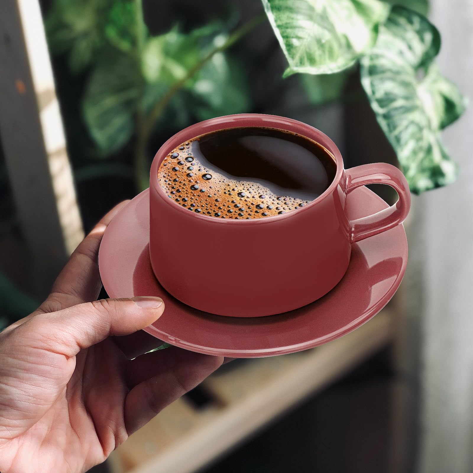 GOOD ALWAYS Coffee Mug with Spoons, Espresso Cups and Saucer for Latte & Cappuccino & Double Espresso, Christmas and Essentials for New Home(Red)