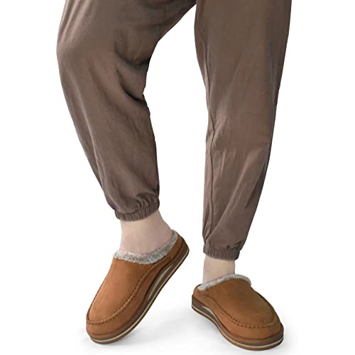 KuaiLu Mens Memory Foam Clog Slippers Comfy Handmade Stitch Microsuede Slip-on House Shoes With Arch Support Warm Faux Fur Lined Rubber Sole Indoor Outdoor Khaki Size 8.5
