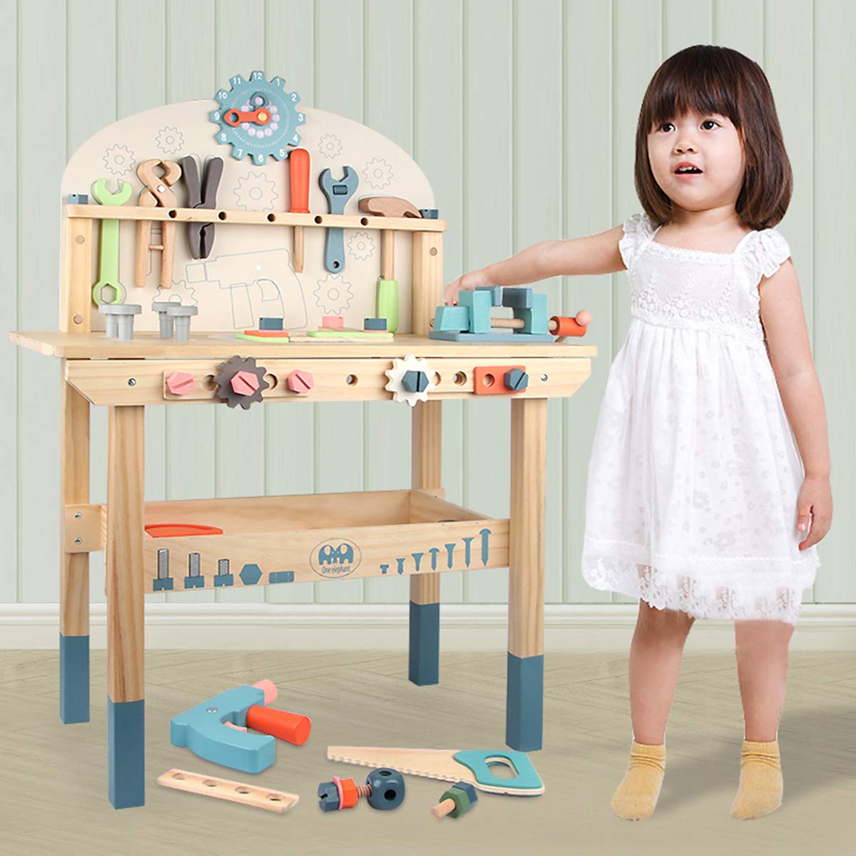 Wooden Power Tool Workbench for Kids, Building Tools Sets Pretend Play Toys - Construction Workbench with Wrench, Screwdriver, Miter Saw and Hammer - Educational Gift for Toddlers Age 3 and Up