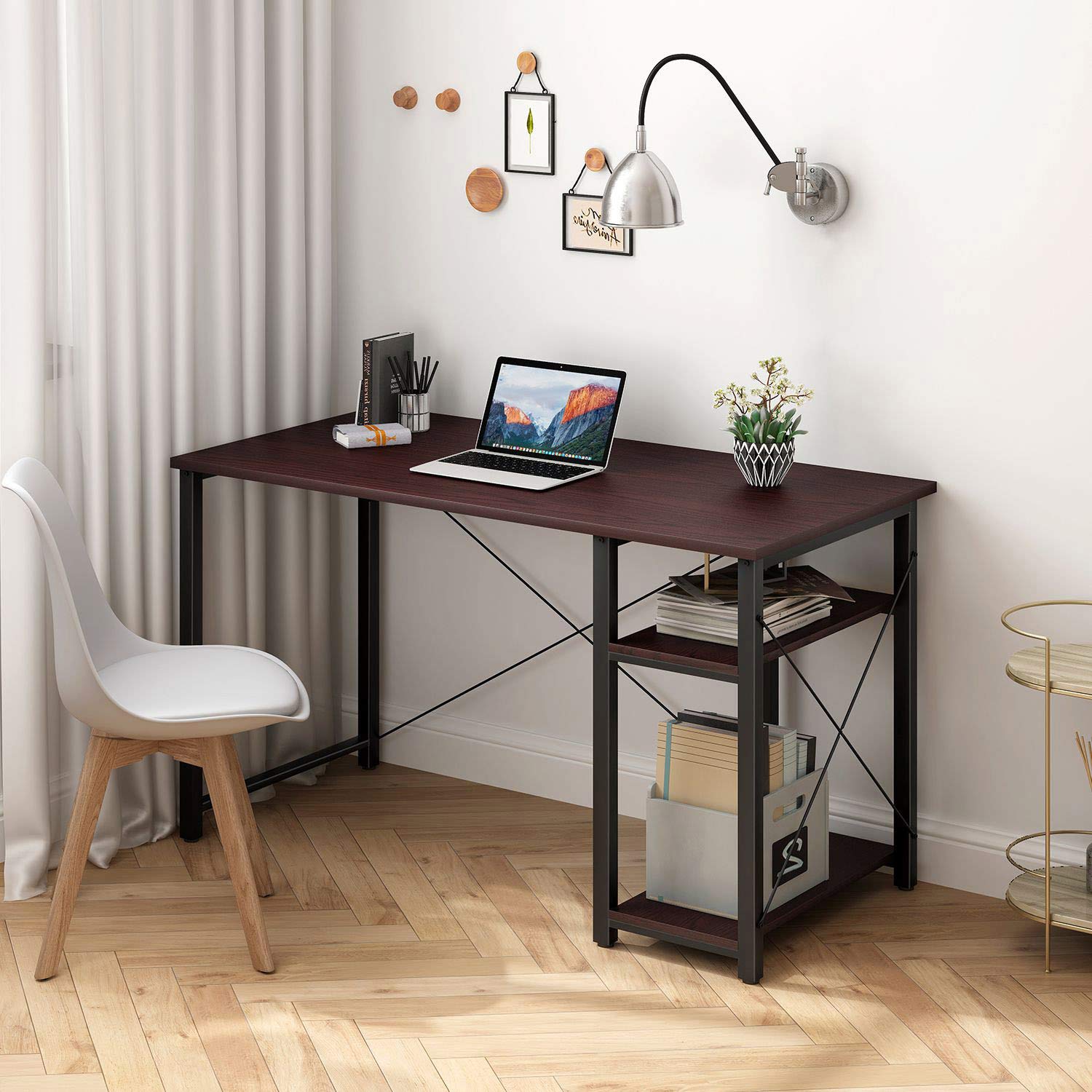 Computer Desk with Shelves,47" Modern Sturdy Writing Desk for Home Office,Office Desk with Bookshelf,African Walnut