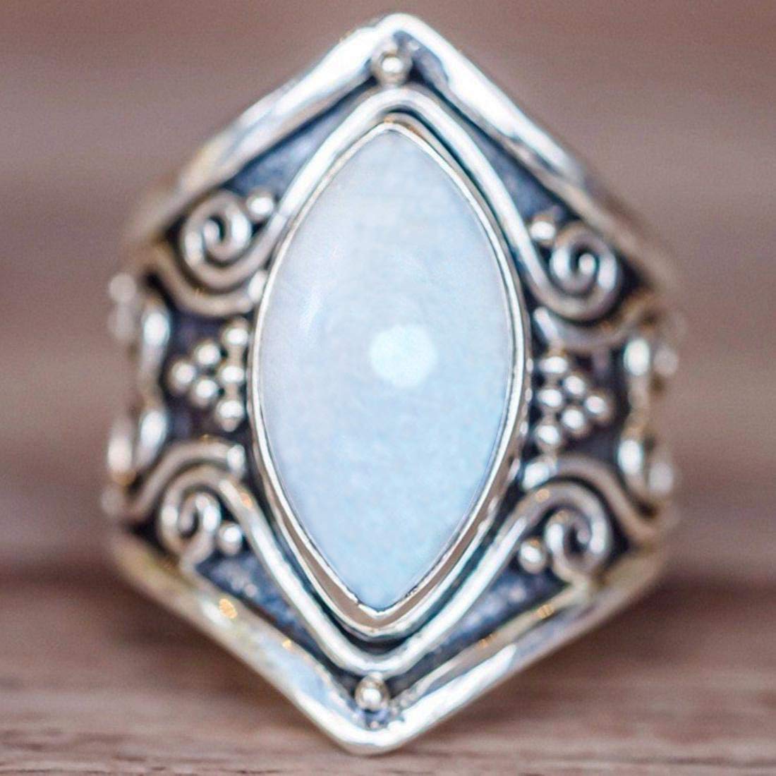 Cuteshop Vintage Silver Ring 925 Sterling Silver Natural Moonstone Women Jewelry Elegant Gemstone Wedding Ring Size 5-11 (9)