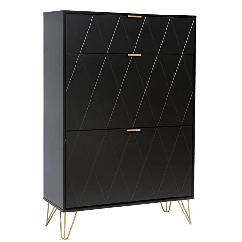 Scurrty 31.5'' 3-Tier Shoe Rack Entryway Cabinet Storage with Drawers, Adjustable Free Standing Shoe Shelf Organization for Closet Hallway with 4 Metal Legs Anti-Tipping Black…