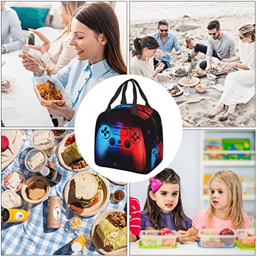 Hellokugou Game Lunch Bag For Kids Gaming, Red & Blue Fluorescent Gamepad Glow Luminous Lunch Box Portable Reusable Handbag Box Travel Beach Picnic