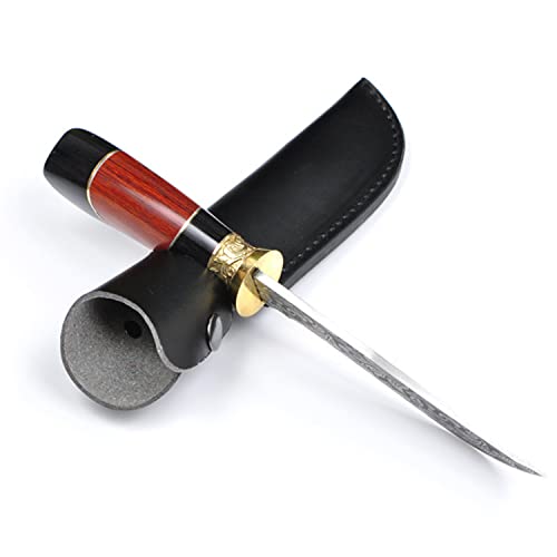 Damascus Steel Straight Knife Fixed Blade Knife with Wood Handle+Sheath for Outdoor Survival, Hunting,Camping,Fishing
