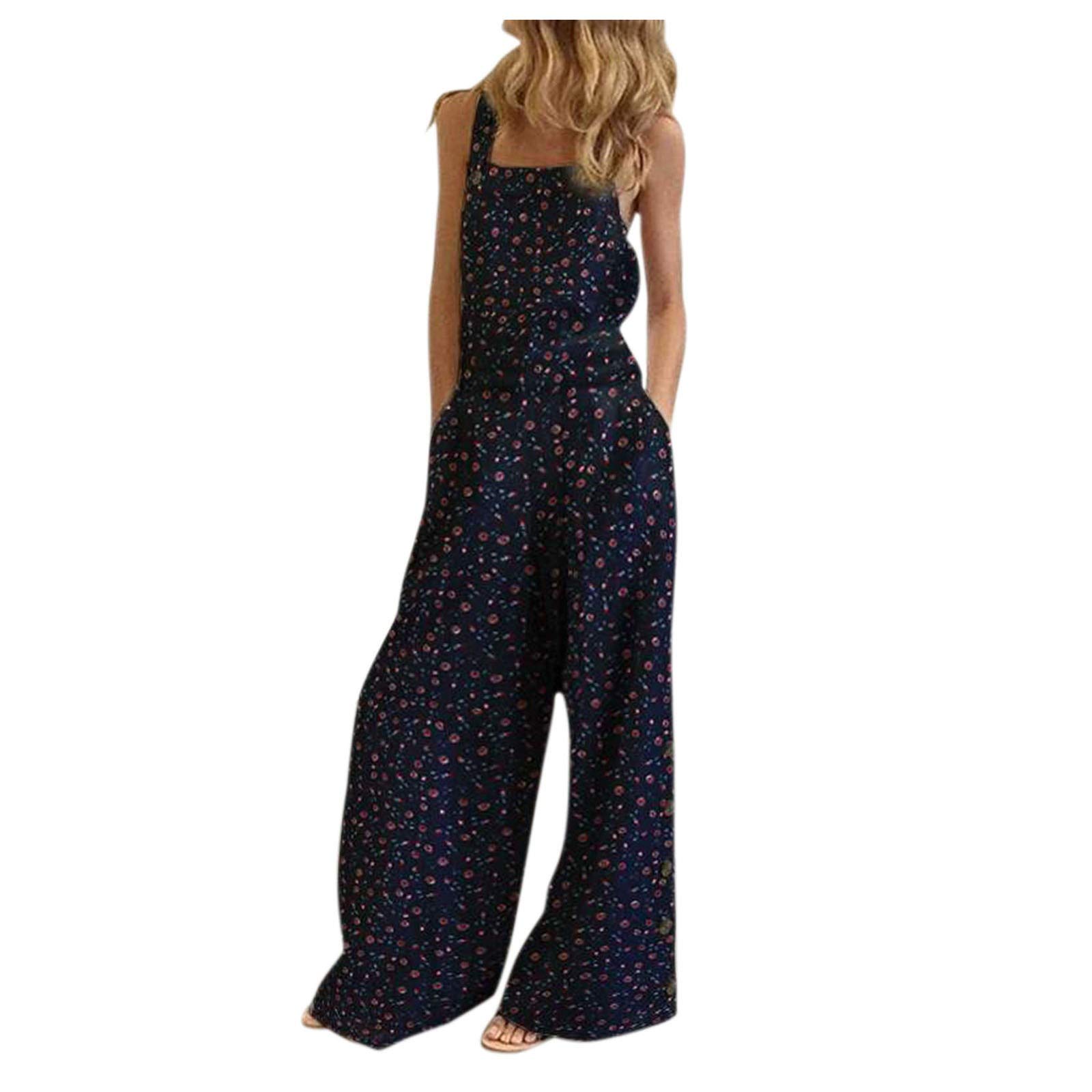 Padaleks Womens Summer Long Jumpsuits Sleeveless Overalls One Piece Casual Boho Rompers Outfits Wide Leg Pants