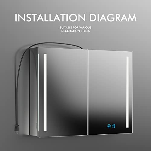 Seenvlog Medicine Cabinet with Lights,LED Medicine Cabinet for Bathroom with Defogger,Dimmer,Memory Function,2 Doors,23.62"* 31.5"Lighted Medicine Cabinet,Surface Mount, Stainless Steel