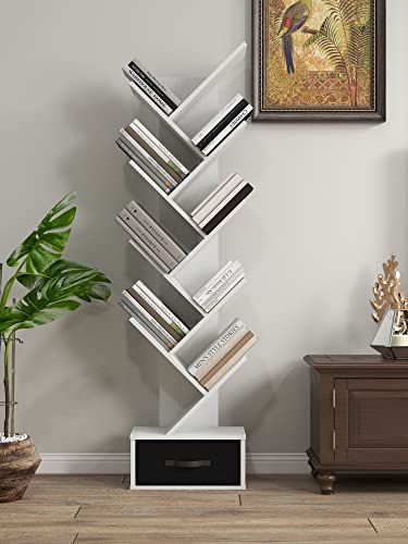 Panana Tree Bookshelf with Drawer, 8-Tier Wooden Storage Rack Wisdom Tree Book Holder Bookshelves Organizer for Living Room, Bedroom, Home Office (White)