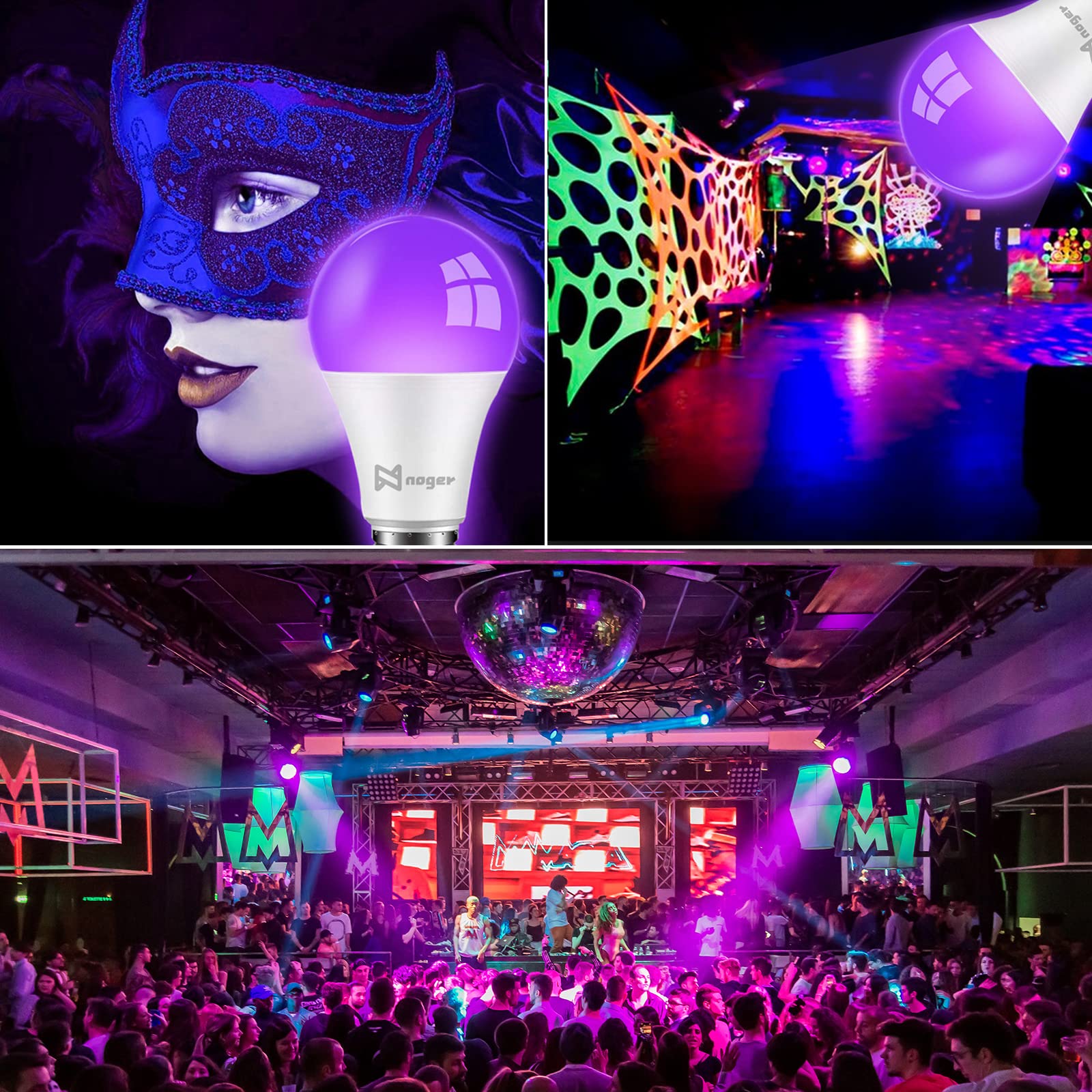 LED Black Lights Bulb, 9W A19 Led Bulb (75Watt Equivalent), UVA Level 380-400nm, E26 Medium Base 120V, Glow in The Dark for Blacklights Party, Body Paint, Fluorescent Poster- 4 Pack