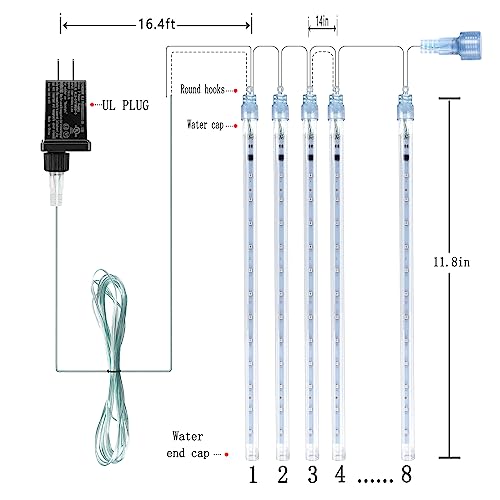 Kwaiffeo Christmas Lights Outdoor, Meteor Shower Lights Falling Rain Lights 12 inch 8 Tube 192 LED Snow Falling Icicle Cascading Lights for Xmas Tree Halloween Decoration Wedding Party, UL Plug, White