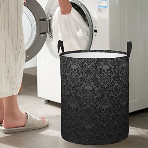 Waterproof Black Goth Gothic Skull Damask Pattern Circular Hamper Round Laundry Baskets Foldable Laundry Bags For Family/Kids/Bathroom/Bedroom/Dorm Medium
