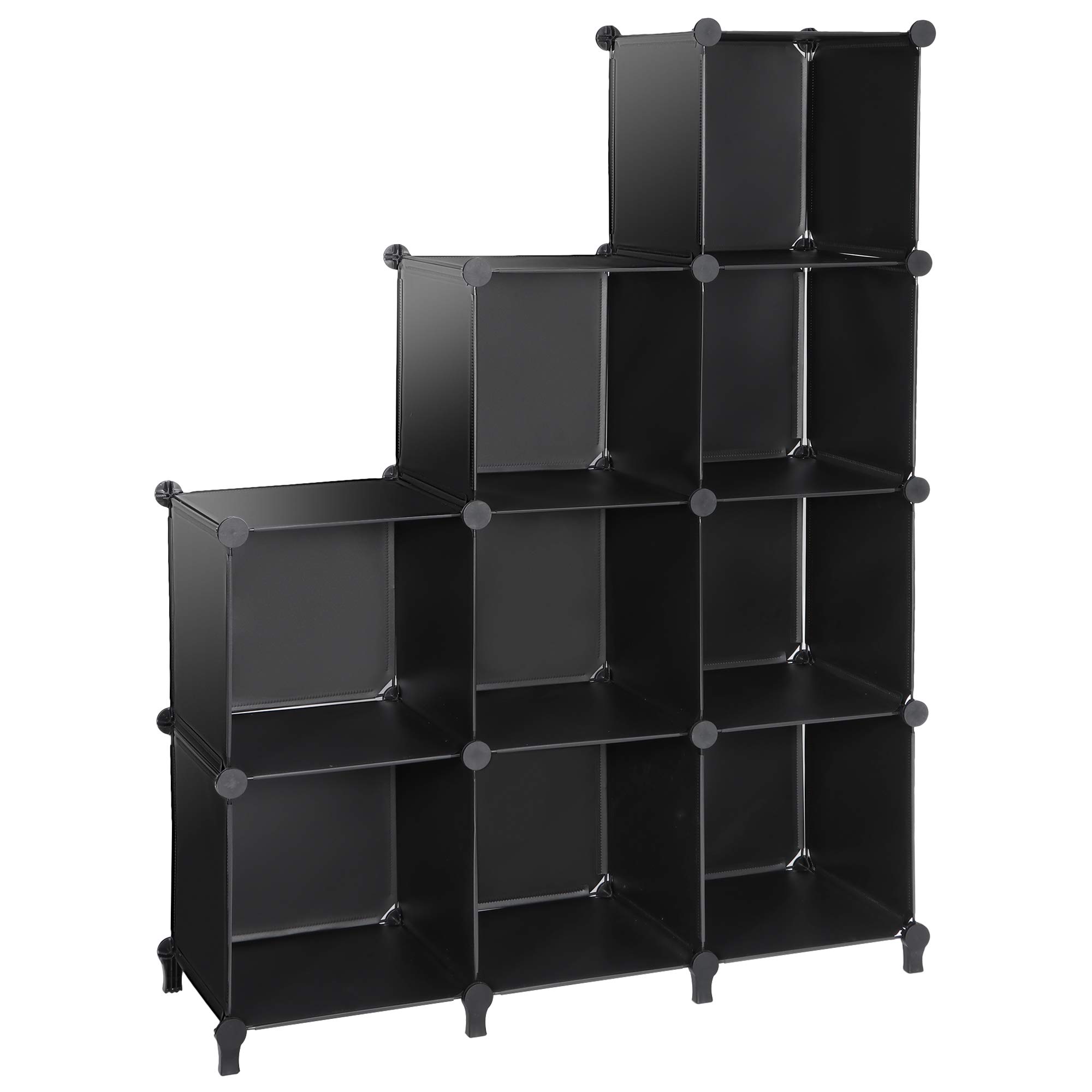 SUPER DEAL 9 Cube Storage Organizer DIY Plastic Stackable Shelves Modular Bookshelf with Wooden Mallet and Feet for Home Bedroom, Living Room, Bathroom, Office, Black