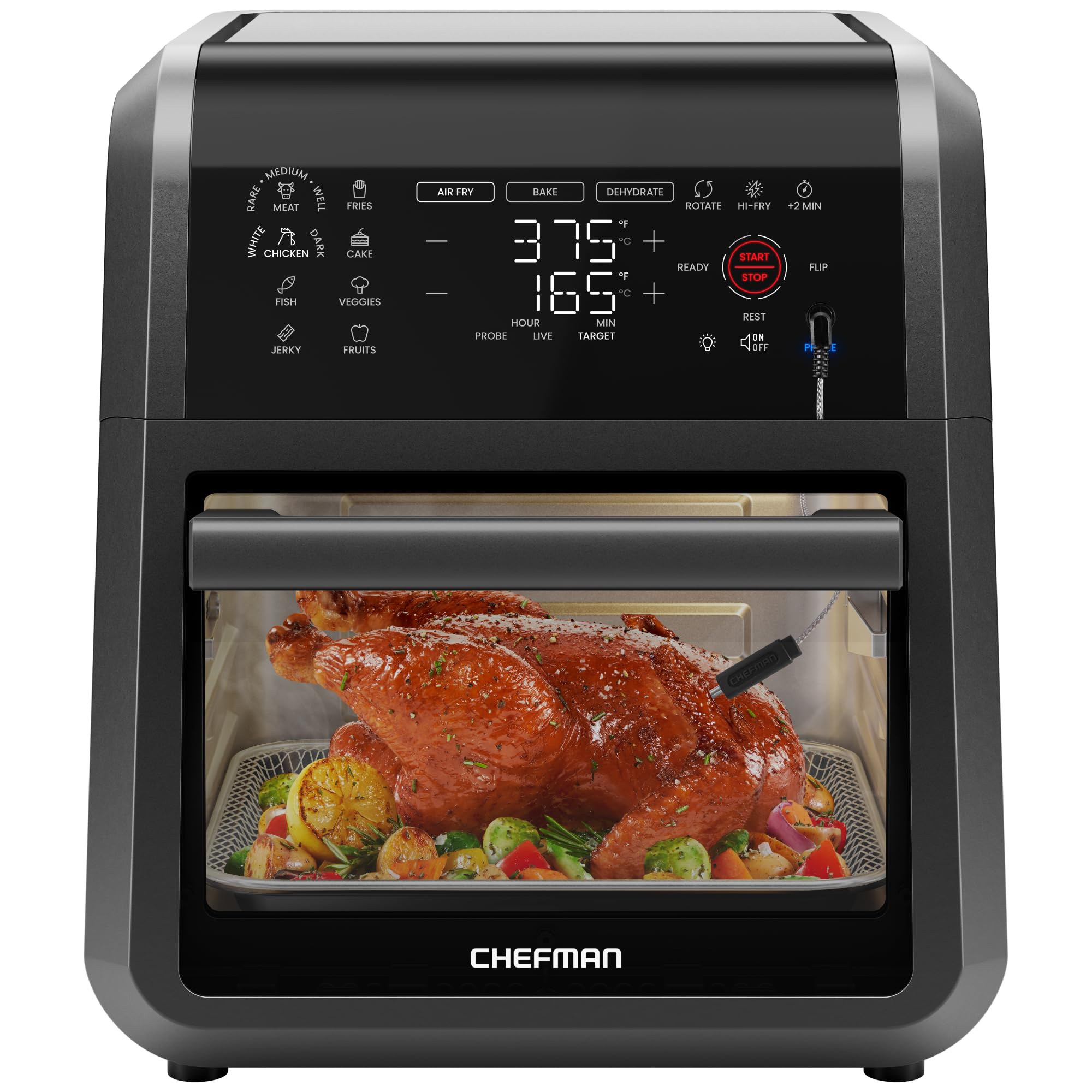 CHEFMAN ExacTemp™ 12 Quart 5-in-1 Air Fryer with Integrated Smart Cooking Thermometer, 28 Touchscreen Presets, Rotisserie, Dehydrator, Bake, XL Convection Oven with Auto Shutoff, Black