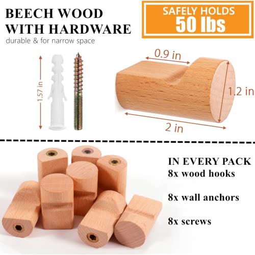 JOOPSHEE 8 Pack Wood Wall Hooks, Coat Hooks for Wall Mounted Extended Wooden Pegs, Rustic Wall Coat Rack Hat Hooks Robe Hook- Bathroom Cloest Entryway Wall Hangers Heavy Duty Hooks