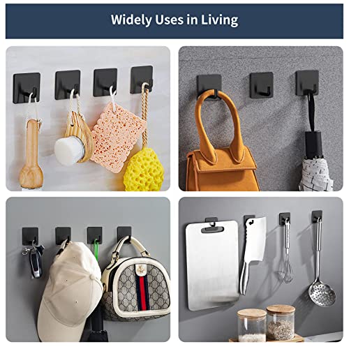 Self Adhesive Hook, Waterproof in Shower Hooks for Hanging Loofah, Towels, Clothes, Robes for Bathroom Stainless Steel Removable Adhesive Wall Hook Heavy Duty Stick on Hooks 4 Pcs (Black 4 PCS)