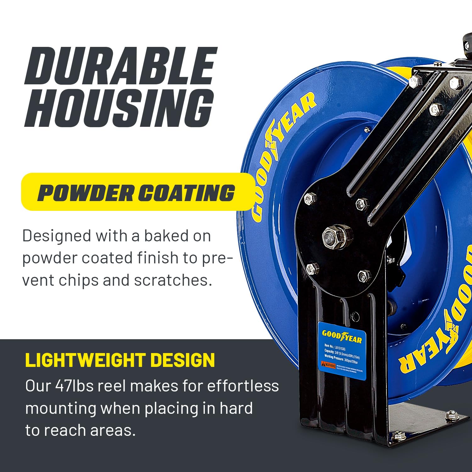 Goodyear Air Hose Reel Retractable 3/8" Inch x 50' Foot SBR Rubber Hose Max 300PSI Heavy Duty Industrial Steel Single Arm Construction