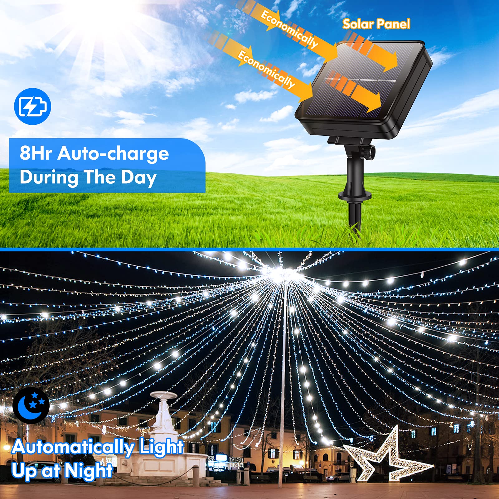 Super-Long 320Ft Solar String Lights Outdoor Waterproof, Solar Powered Fairy Lights 4-Pack 960 LED Silver Wire Twinkle Light, Solar Outdoor Lights Decorative for Garden Tree Christmas Daylight White