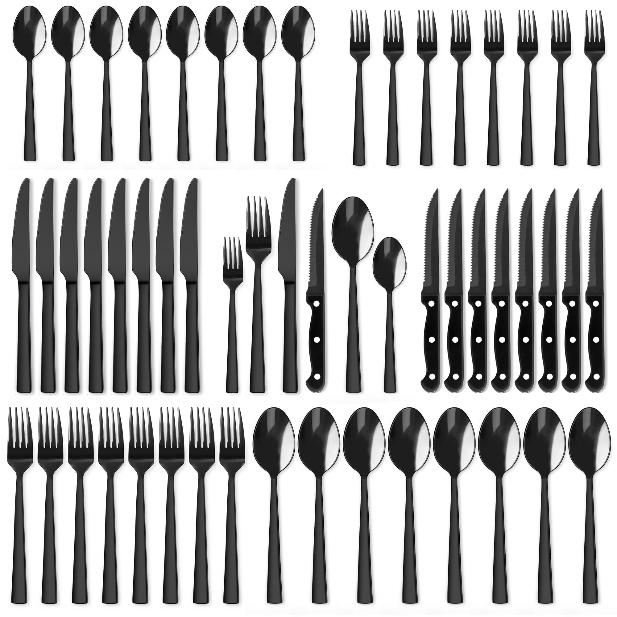 HaWare Black Silverware Set with Steak Knives, 48-Piece Stainless Steel Square Flatware Set for 8, Tableware Cutlery Set Includes Knives/Forks/Spoons, Modern & Elegant Design, Mirror Polished